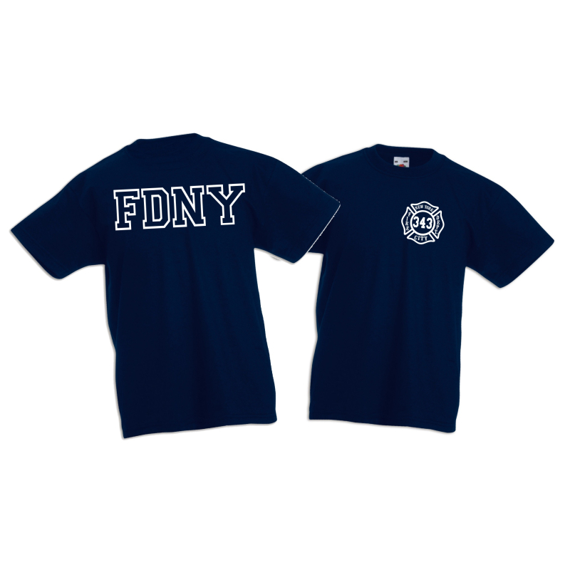 Kinder-T-Shirt navy, FDNY 343 and Outline-font auf Rücken; 128 - FIRE1