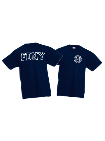 Kinder-T-Shirt navy, FDNY 343 and Outline-font auf Rücken; 128 - FIRE1